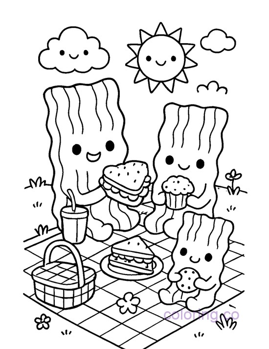 Kawaii Bacon Family Picnic Coloring Page for Kids | Coloring.co
